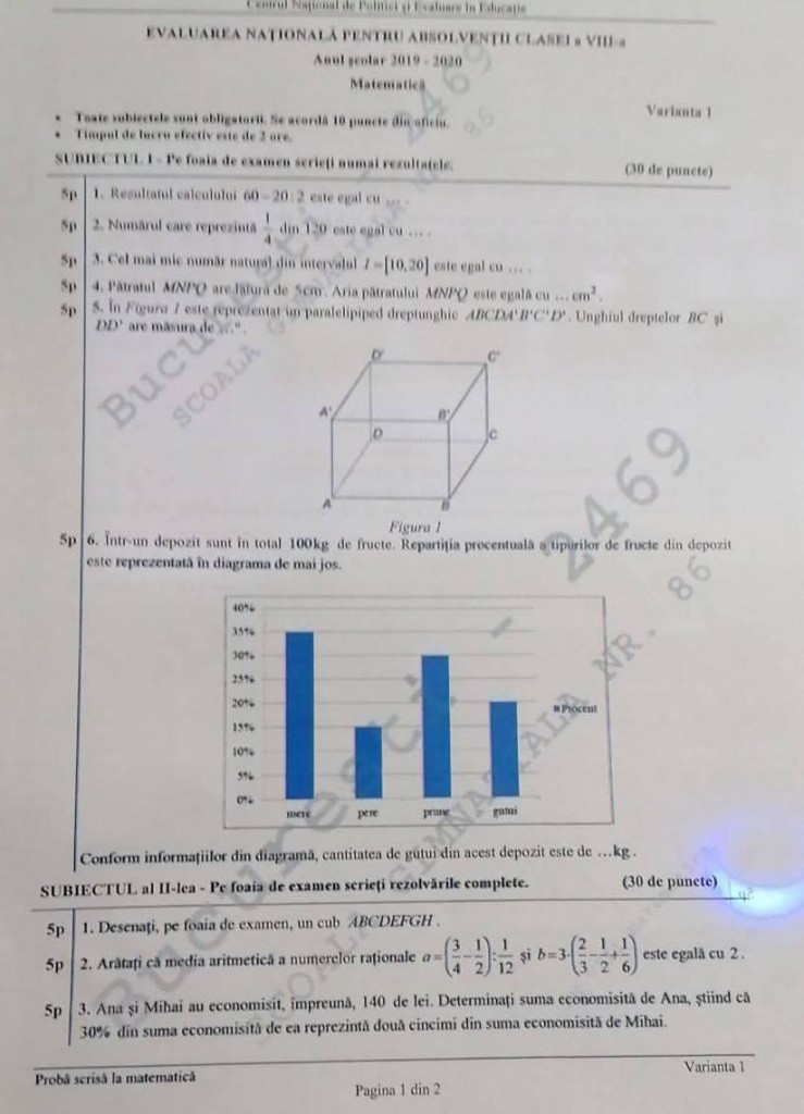 Rezolvare subiecte - Evaluarea Nationala 2020 - Matematica Rezolvare subiecte - Evaluarea Nationala 2020 - Matematica